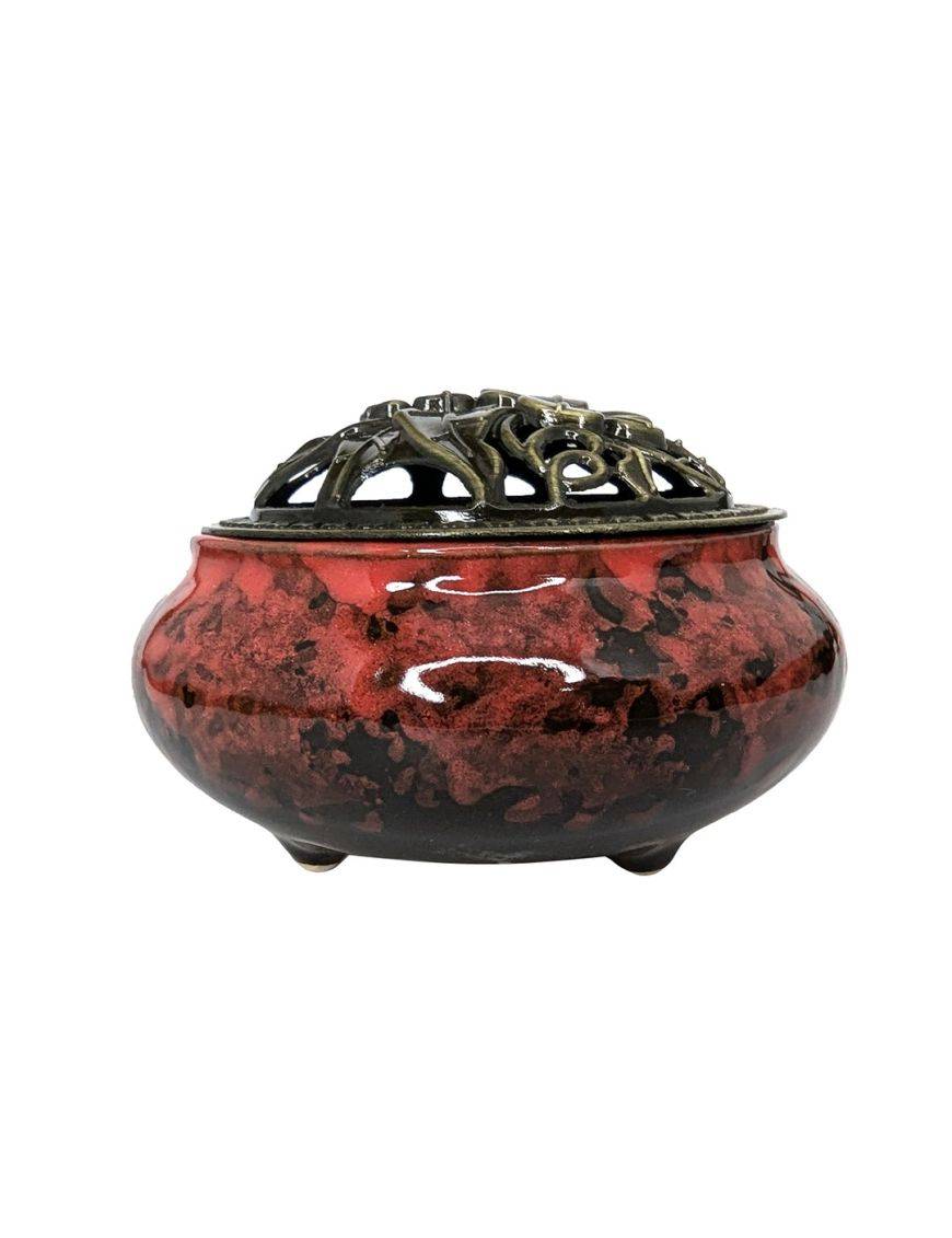 Encensoir coupelle avec couvercle en Céramique Rouge et Noir - 10cm